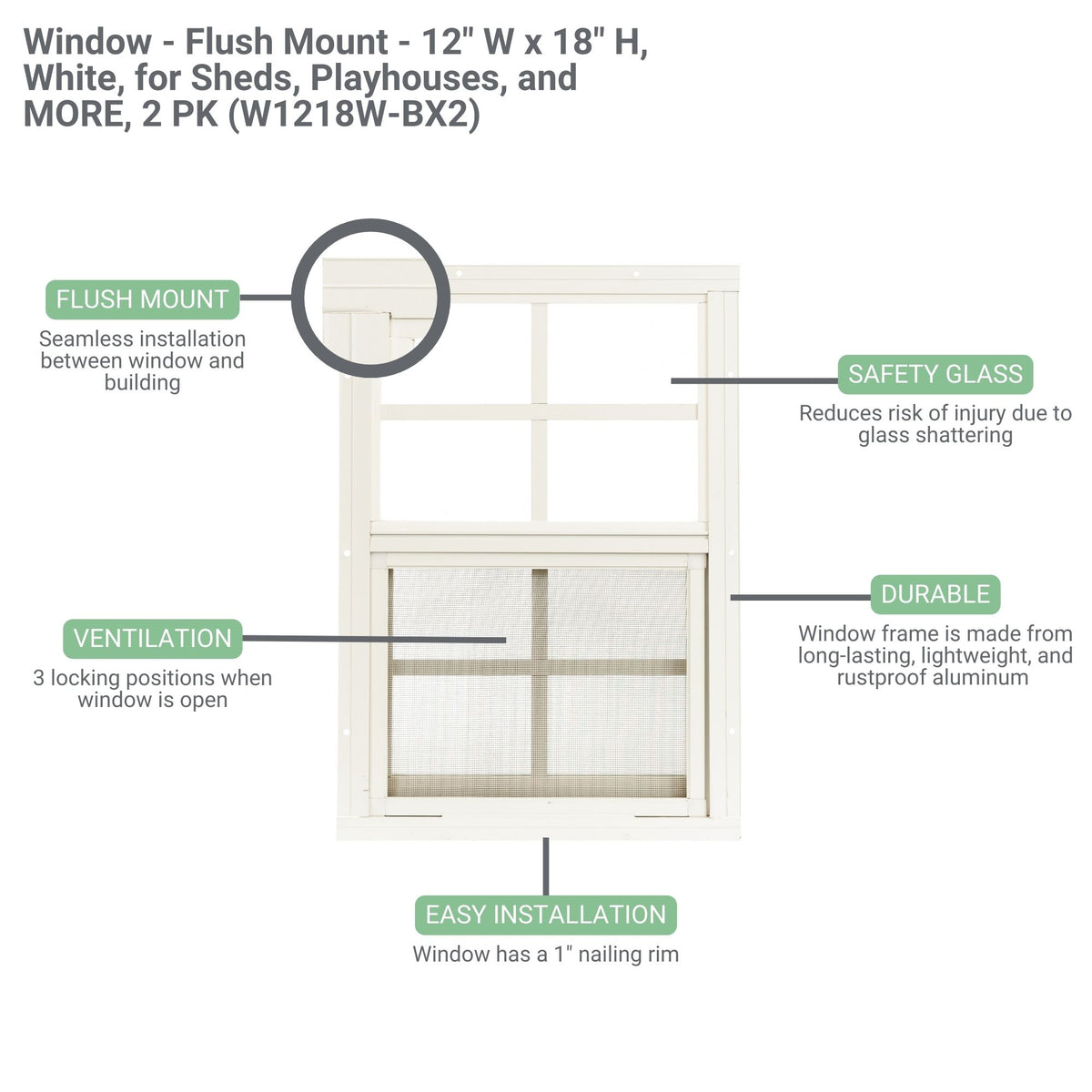 12" x 18" Flush Mount Sliding Shed Window | Tempered Glass, Screened,